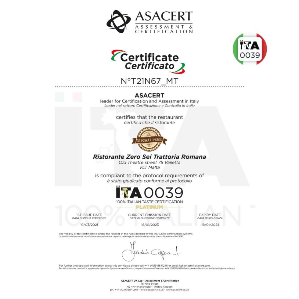 ITALIAN AUTHENTICITY AND RELIABILITY CERTIFICATE AWARD - Zero Sei ...